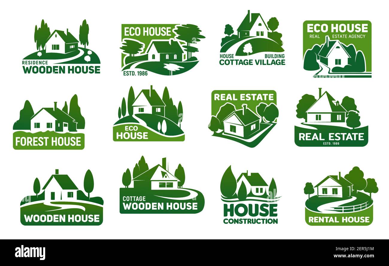 Wooden eco houses, real estate buildings vector icons. Cottage symbols ...