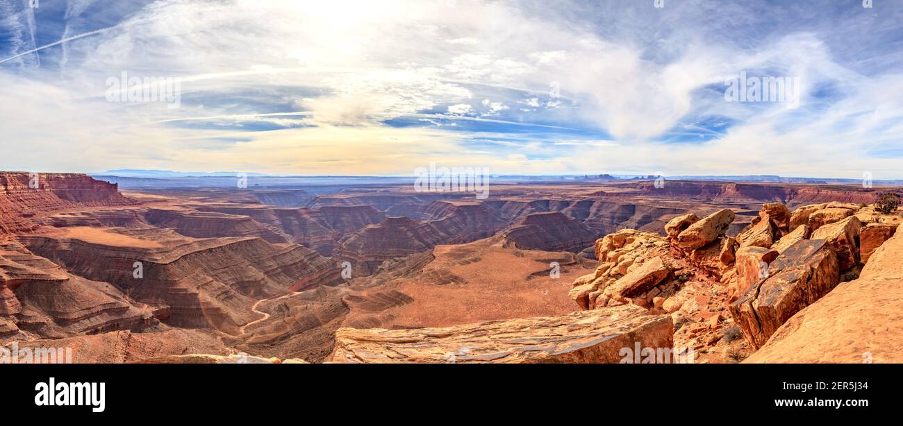 Panoramic view from Muley Point over Colorado river canyon Stock Photo ...