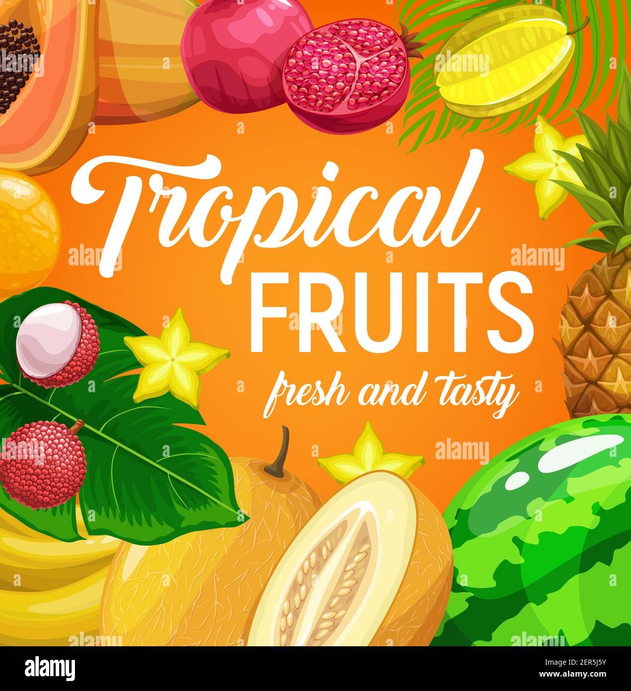 Tropical fruits vector pineapple, lychee, orange and carambola, banana ...