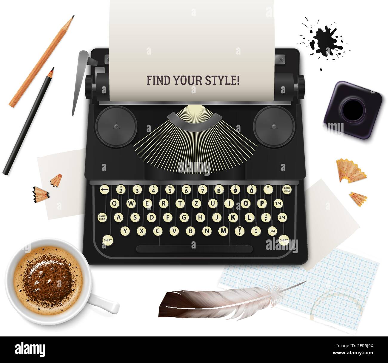 Set of realistic literature objects of writer top view on white ...