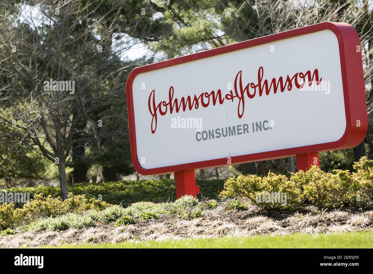 A logo sign outside of a facility occupied by the Johnson & Johnson ...
