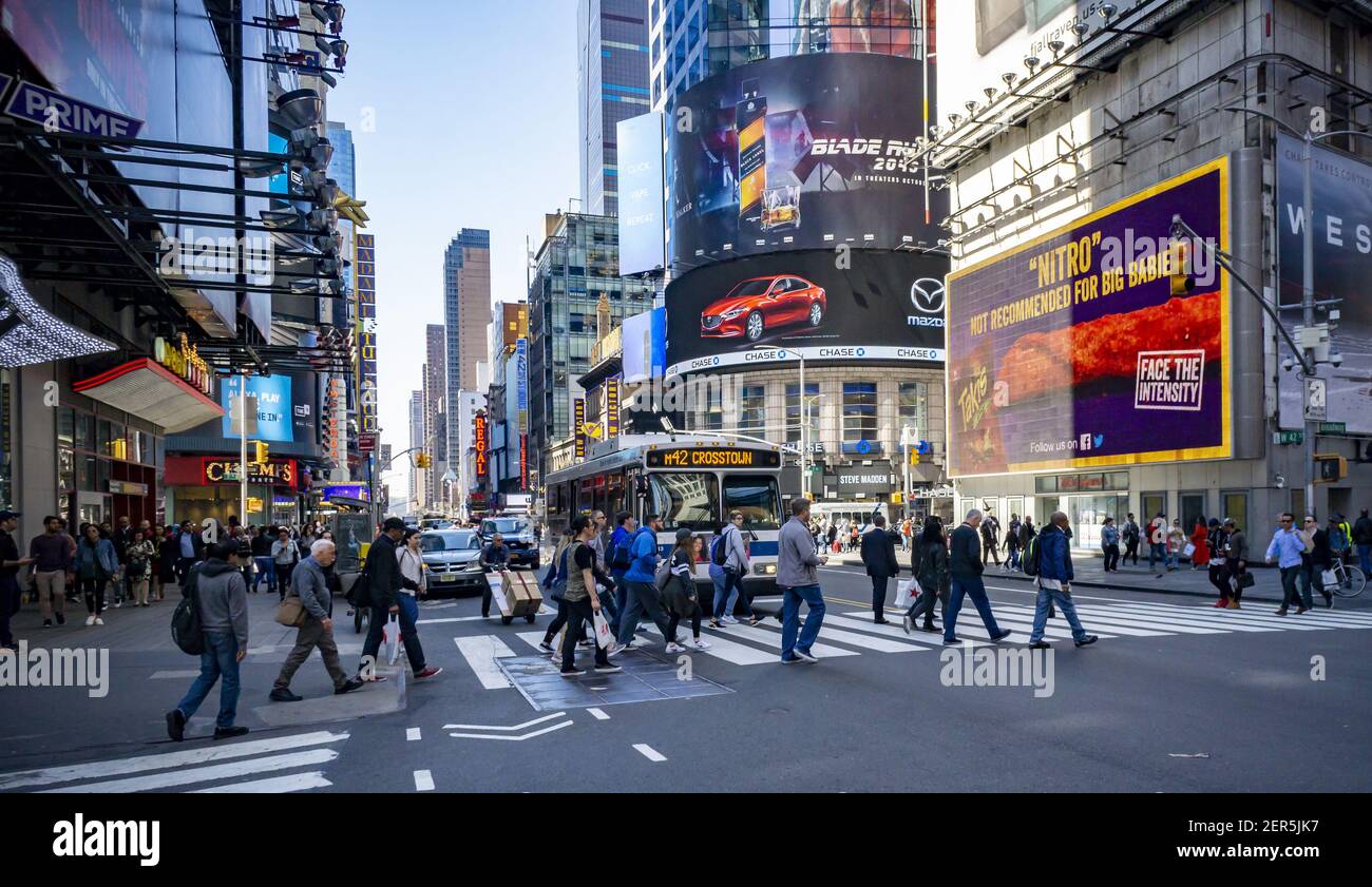 A bus on the M42 route in Times Square in New York on Monday, April 23 ...