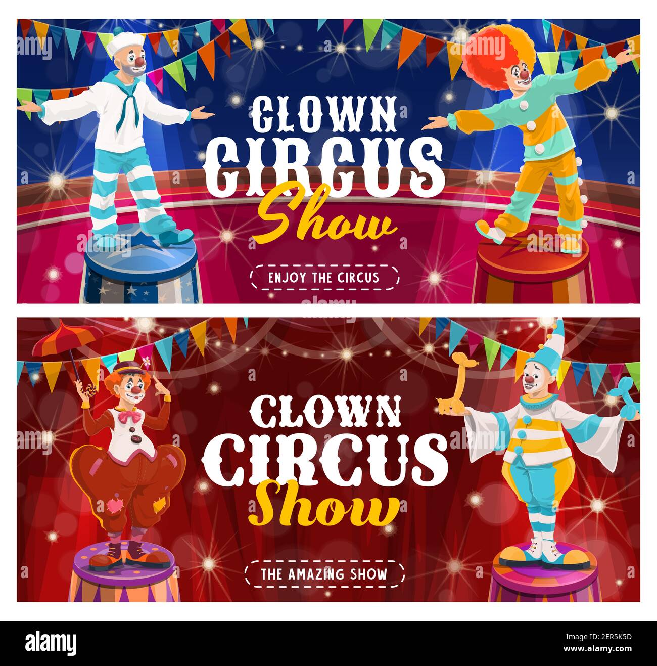 Circus clowns vector flyer. Big top tent performers, cartoon funny ...