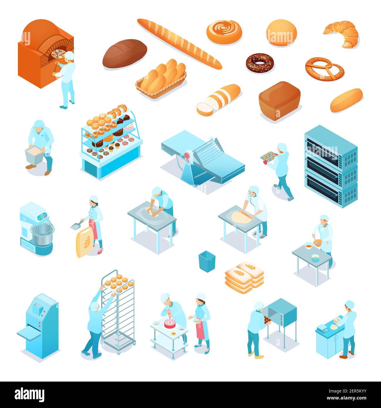 Isometric bakery icons set with bakers and confectioners making bread ...