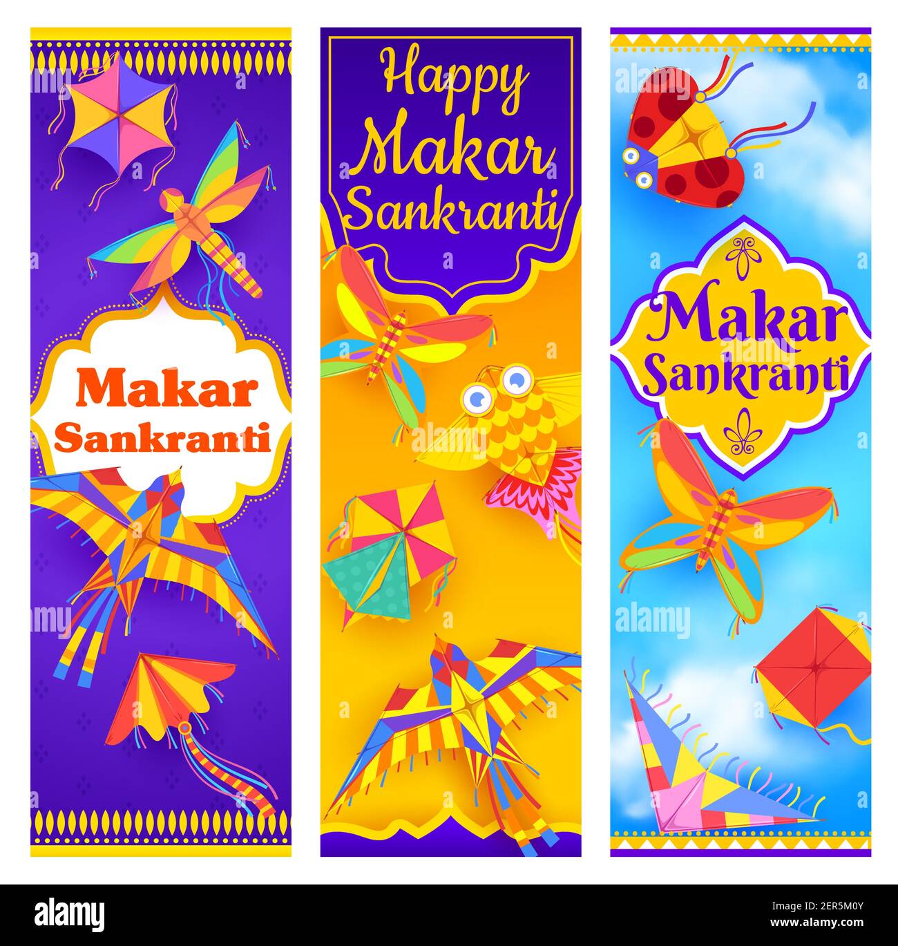 Makar Sankranti Indian festival vector banners of Hindu religion ...