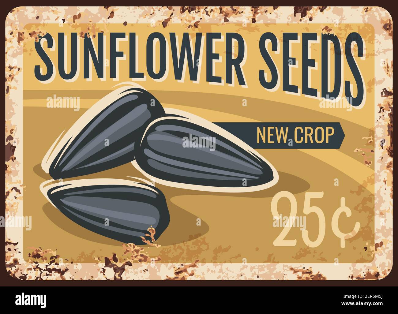 Sunflower seeds metal rusty plate, nuts and cereals, vector retro ...