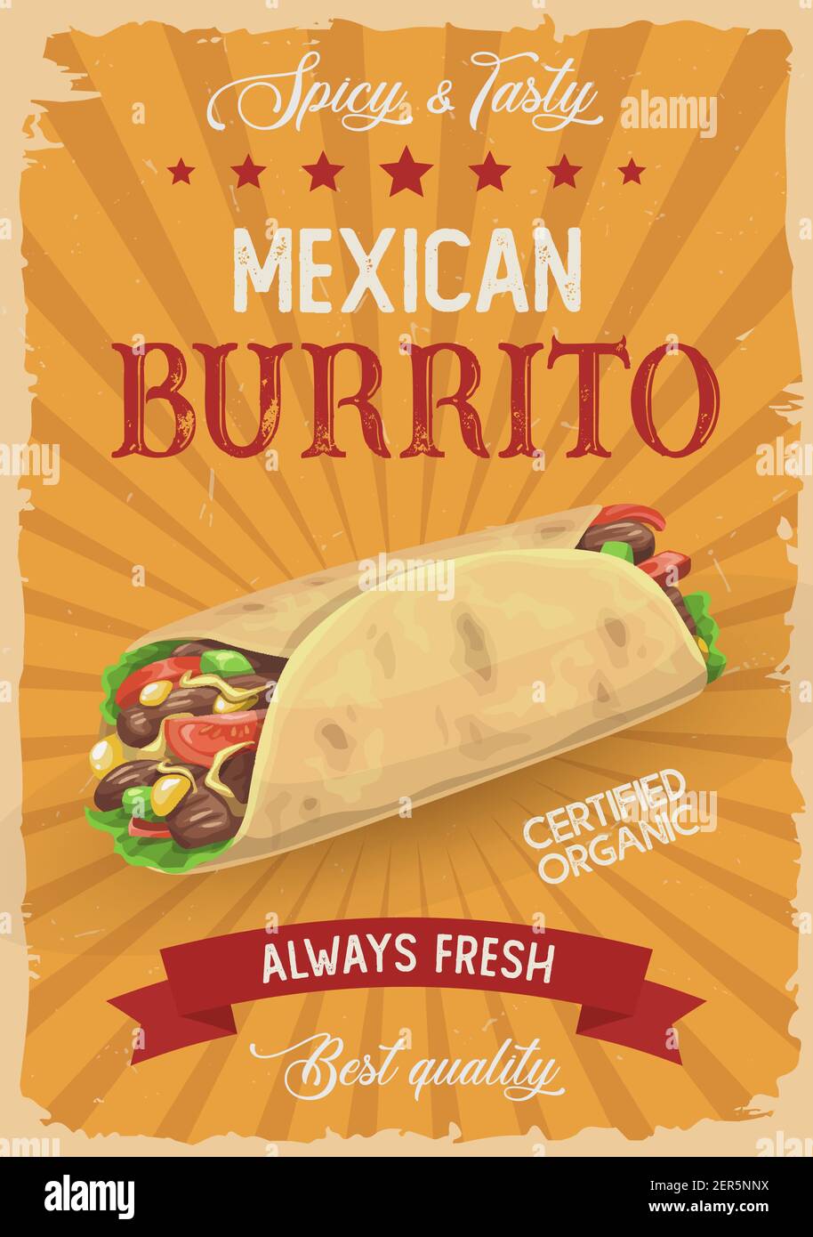 Mexican burrito vector retro poster, hot roll, doner kebab or shawarma ...