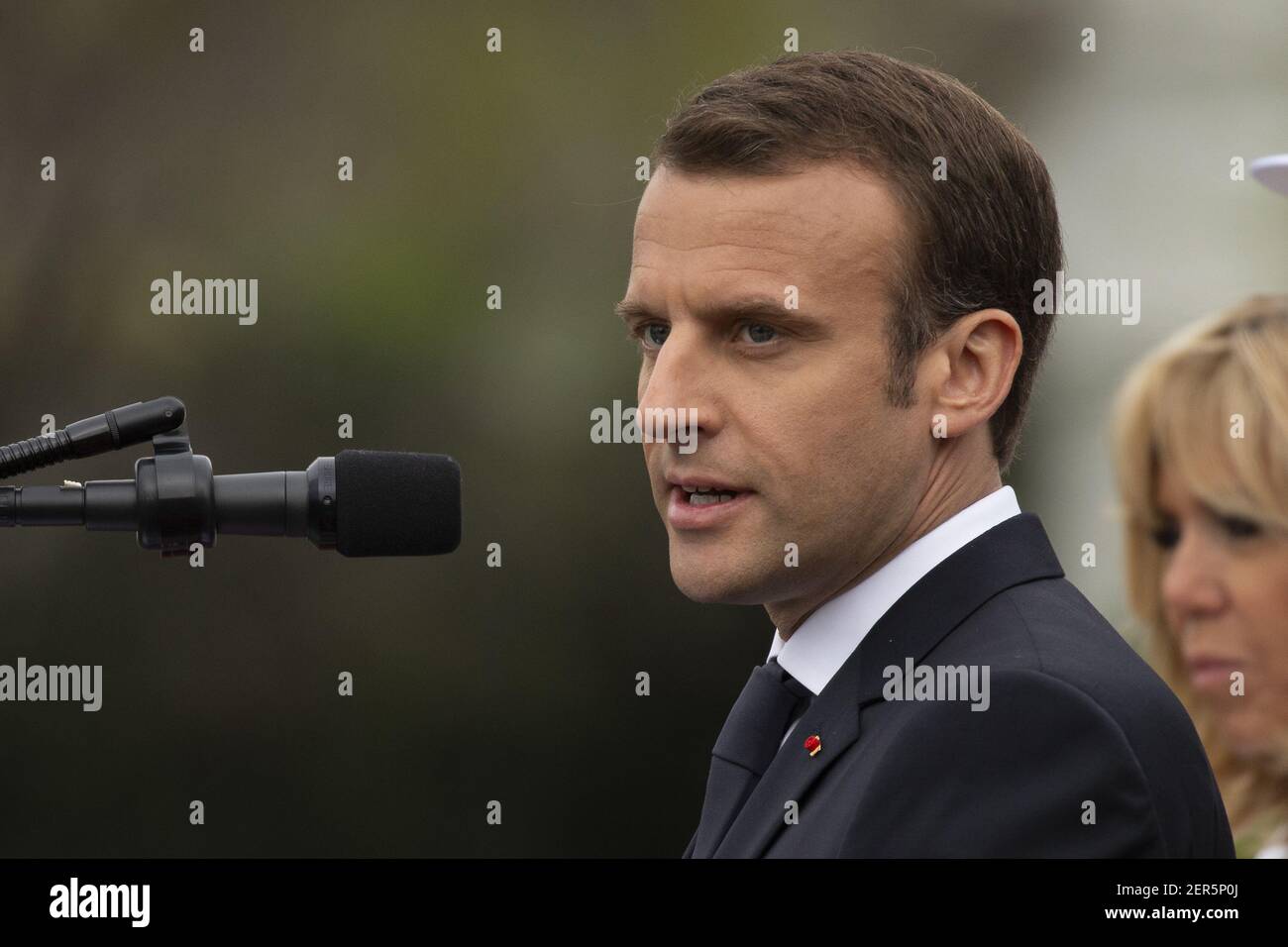 French President Emmanuel Macron speaks on the South Lawn of the White ...