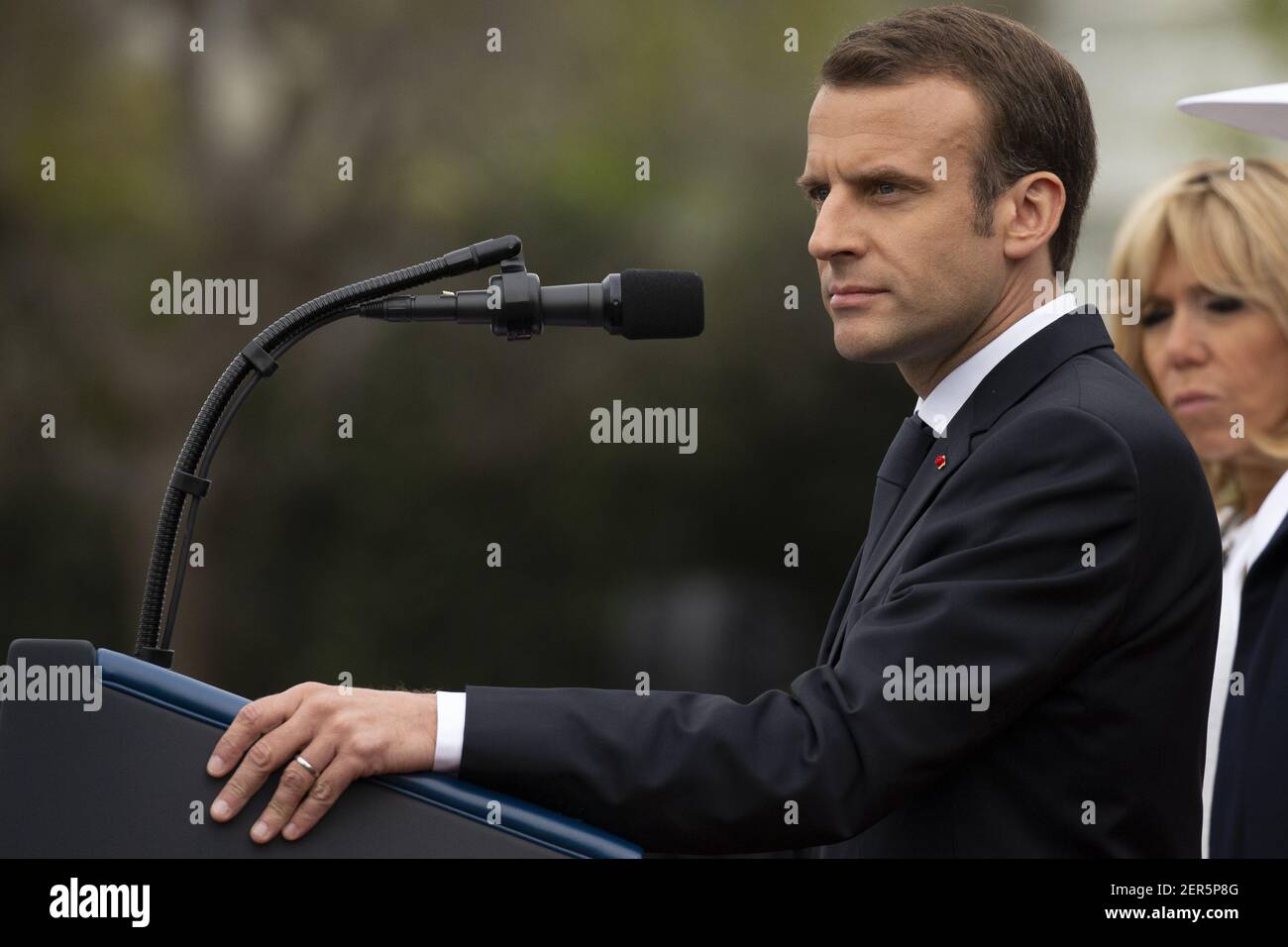 French President Emmanuel Macron speaks on the South Lawn of the White ...