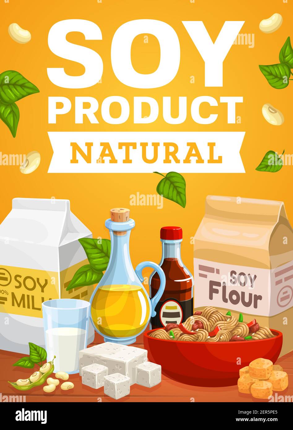 Natural soy food products poster. Soybean milk and flour carton package ...
