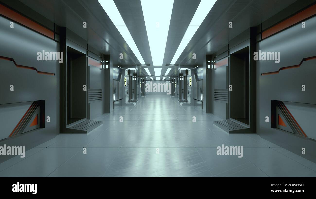 3d render. Futuristic hallway. Concept of modern architecture and ...