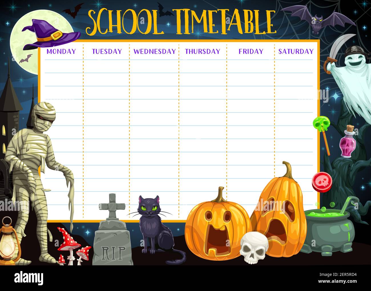 School timetable vector template of education schedule with Halloween ...