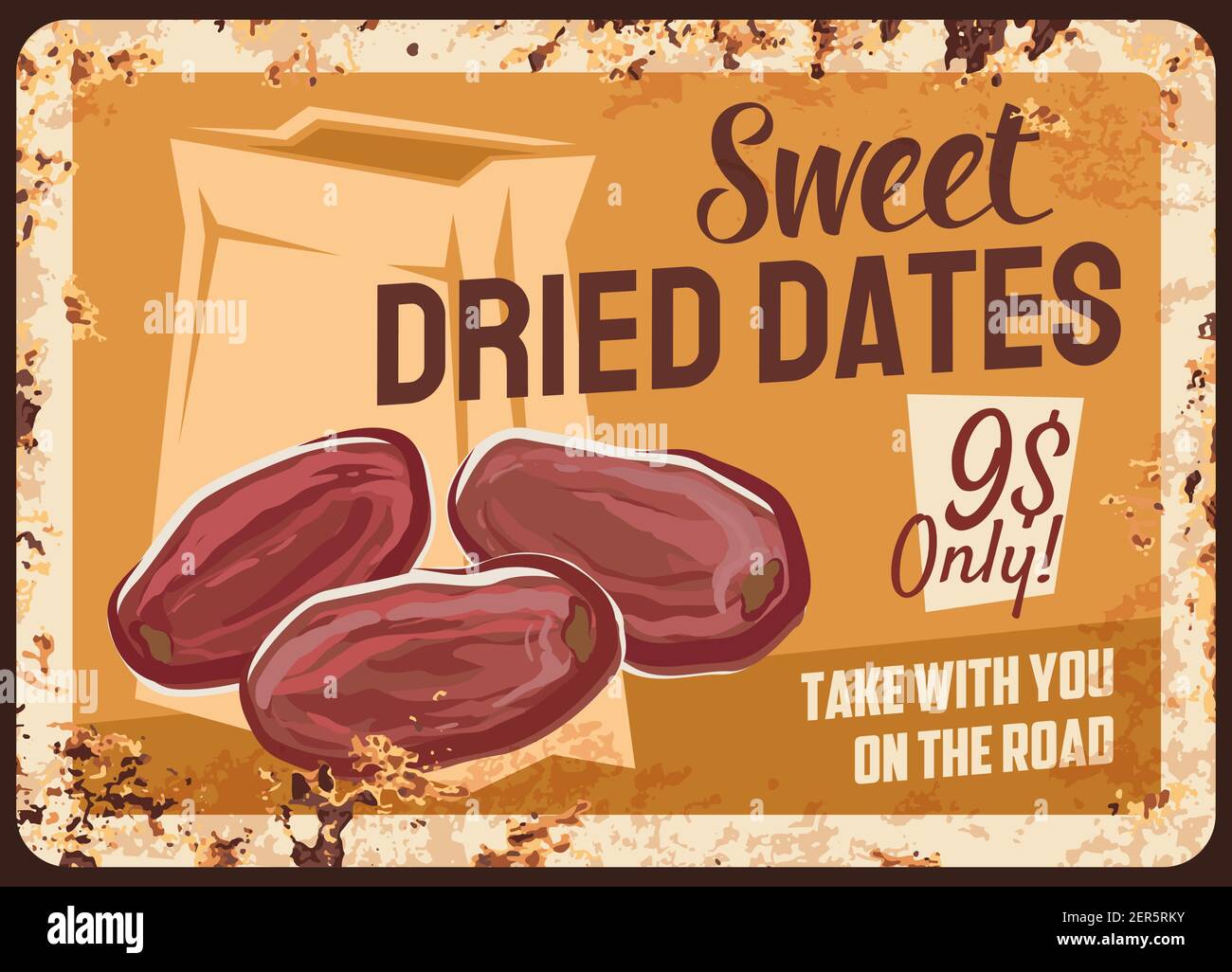 Dates rusty metal plate, vector dried fruits and candied berries ...