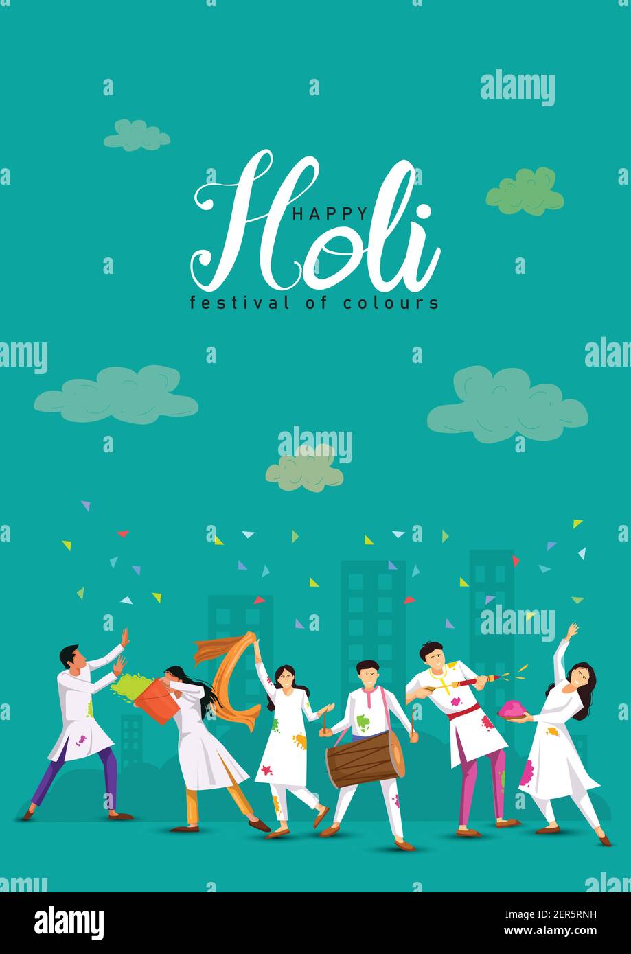 happy Holi, poster, banner, template. Cartoon Young people Playing Holi ...