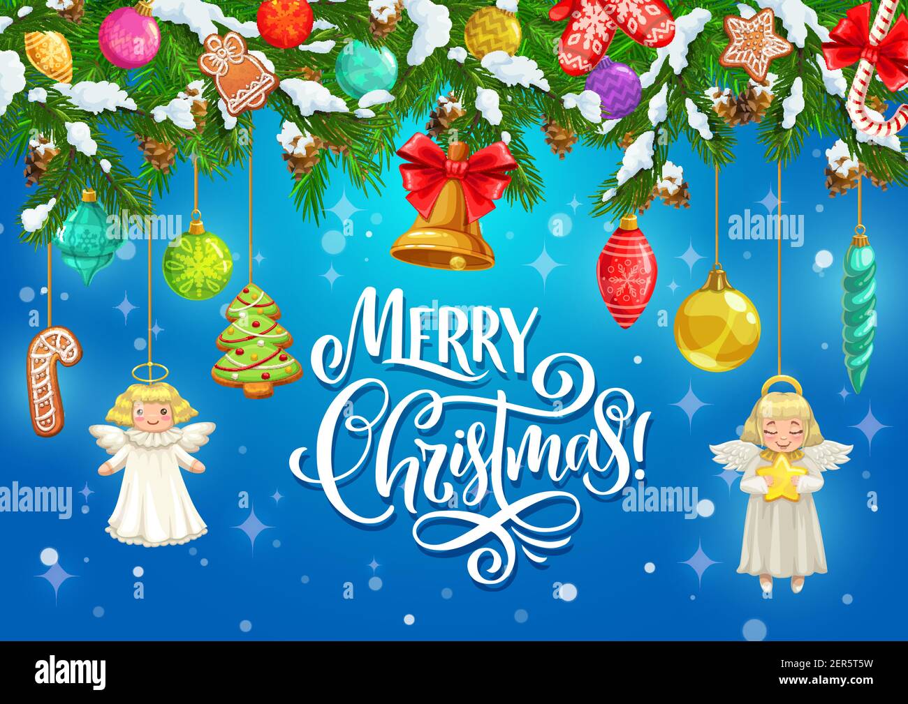 Christmas gifts and bell hanging on Xmas tree branches vector greeting ...