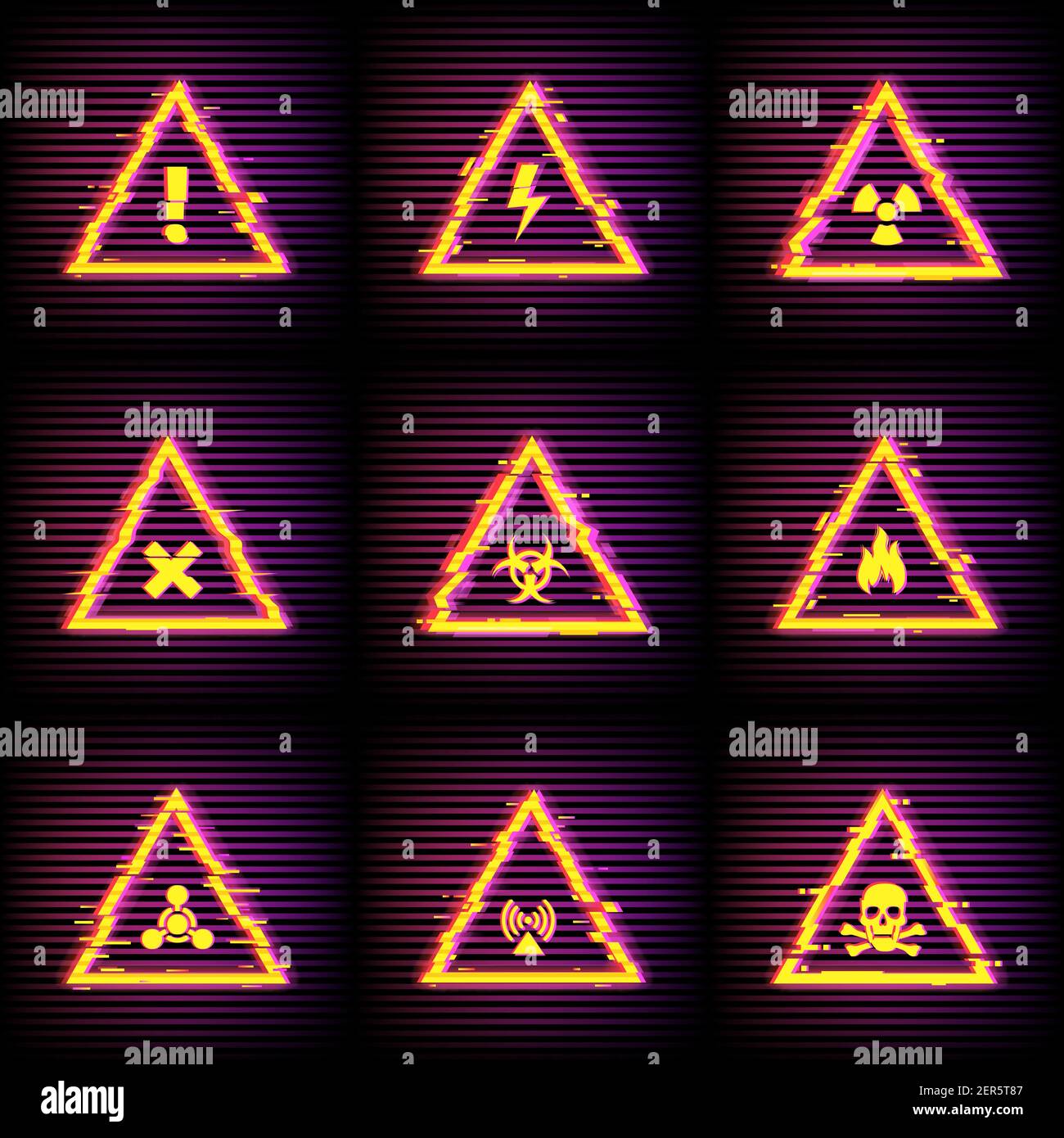 Hazard warning vector signs with digital glitch and pixel noise effect ...