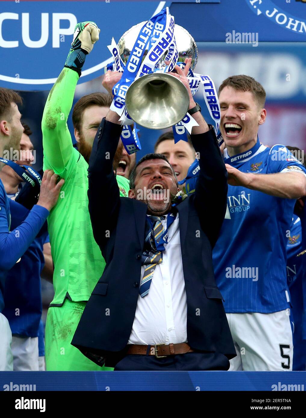 St Johnstone manager Callum Davidson celebrates with the Betfred Cup ...
