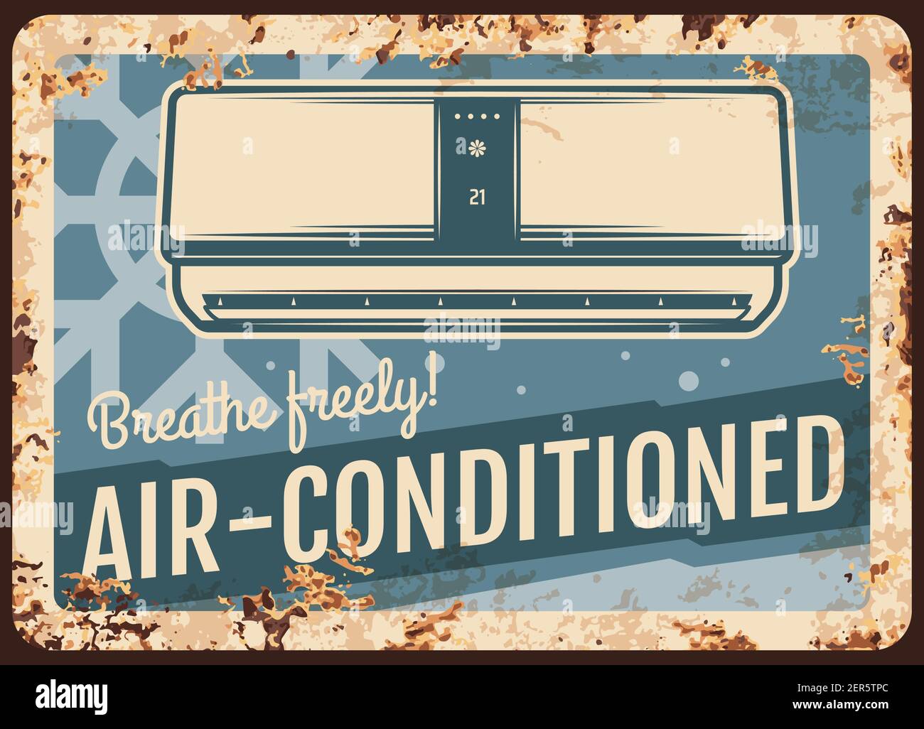 Air conditioner metal plate rusty, conditioned room vector retro poster ...