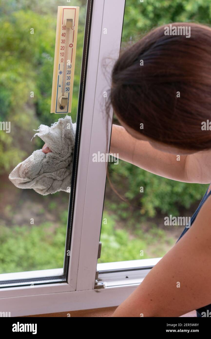Beautiful woman cleaning window at home. A girl washes windows at home ...