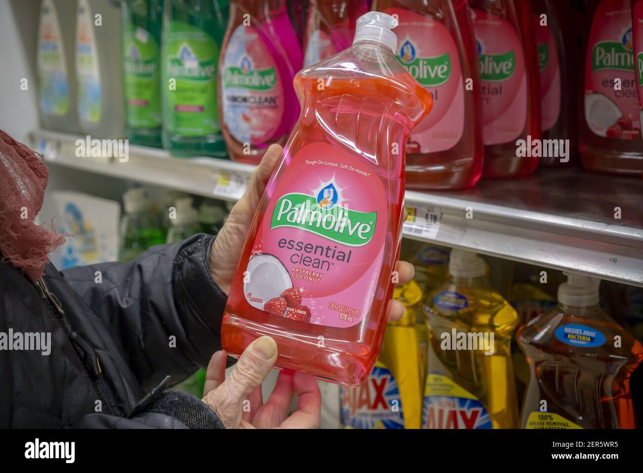 Bottles of Palmolive dishwashing liquid soap in a supermarket in New ...