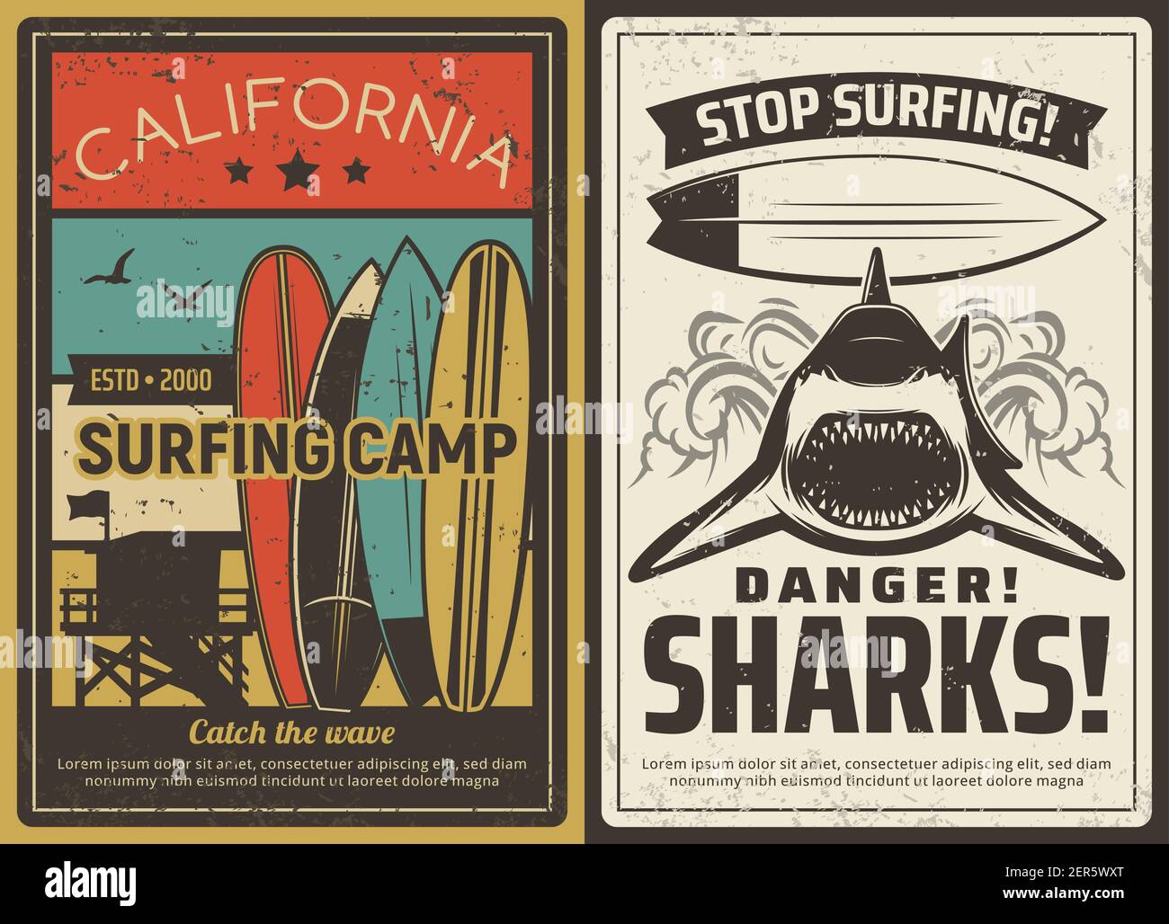 Surfing camp and shark danger warning retro poster. Surfboards and ...