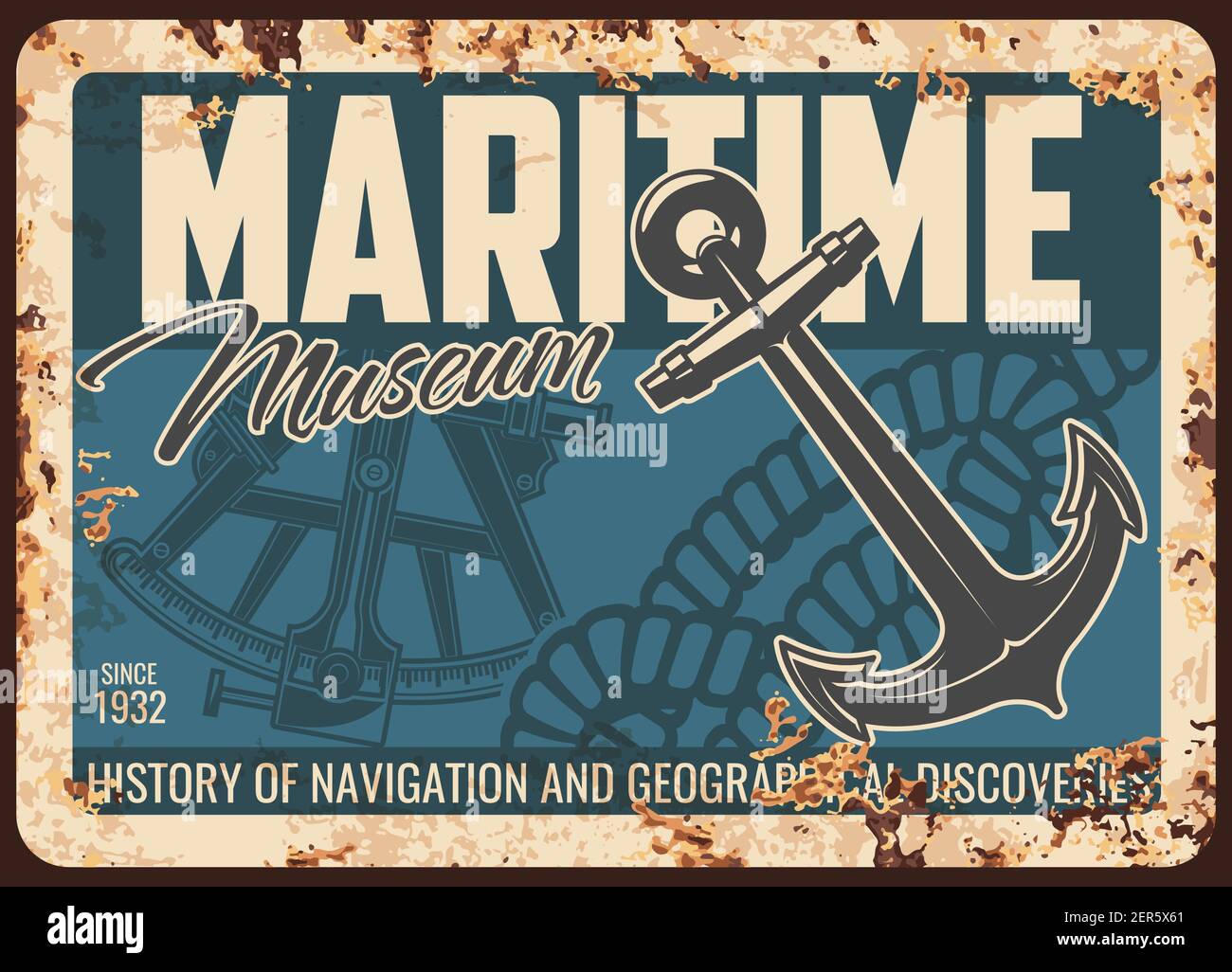 Maritime museum metal rusty plate, retro poster of sea ships, nautical ...