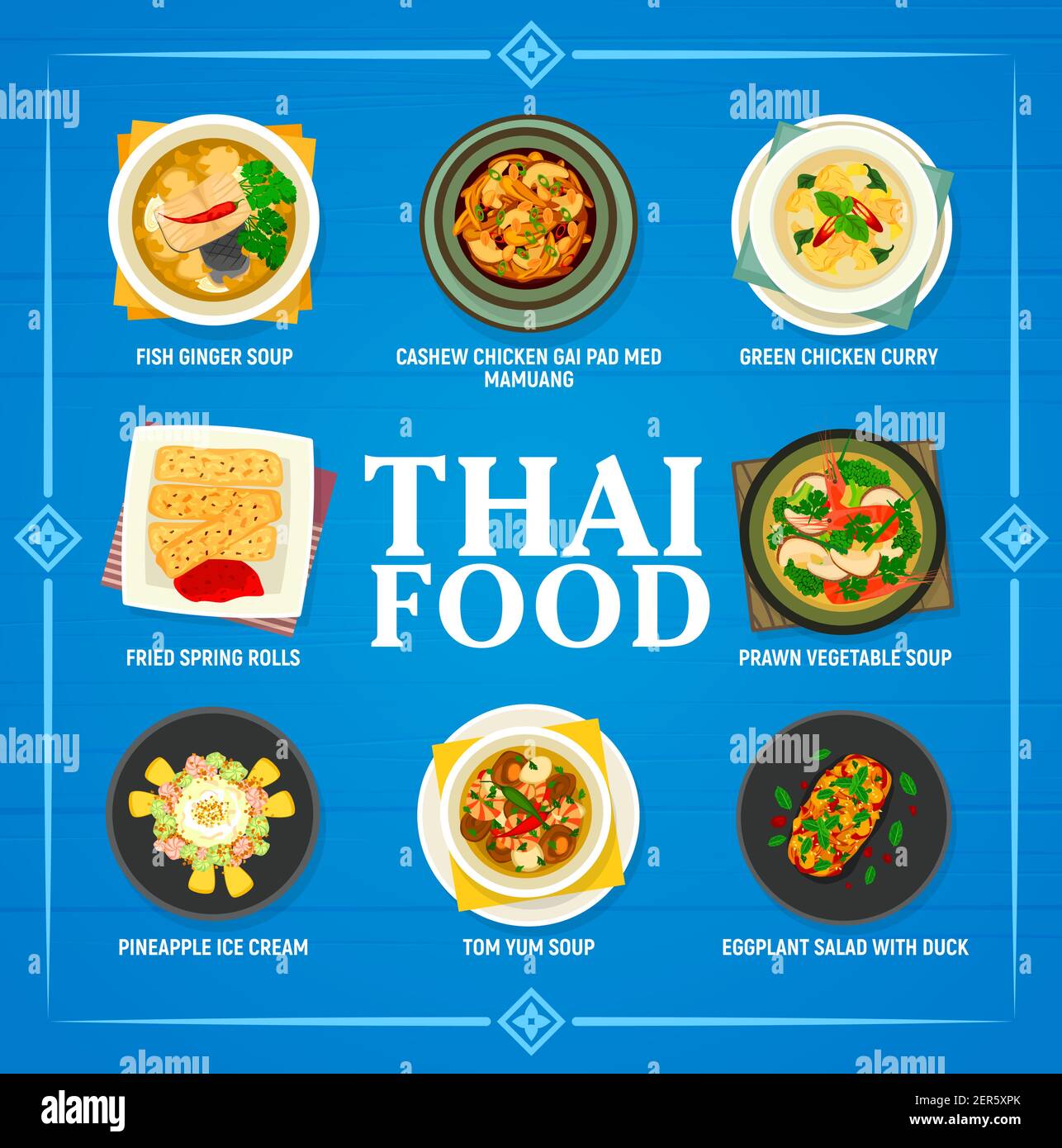 Thai food vector menu fish ginger soup, green chicken curry and fried ...