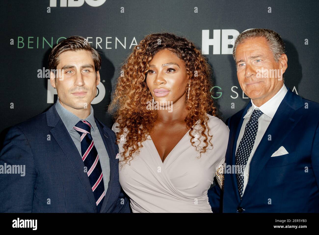 (L to R): Peter Nelson, Serena Williams and Richard Plepler are seen at ...