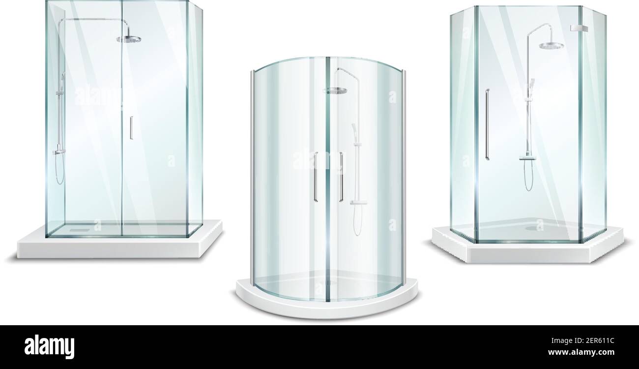 Shower cabin realistic 3d collection with isolated images of glossy ...