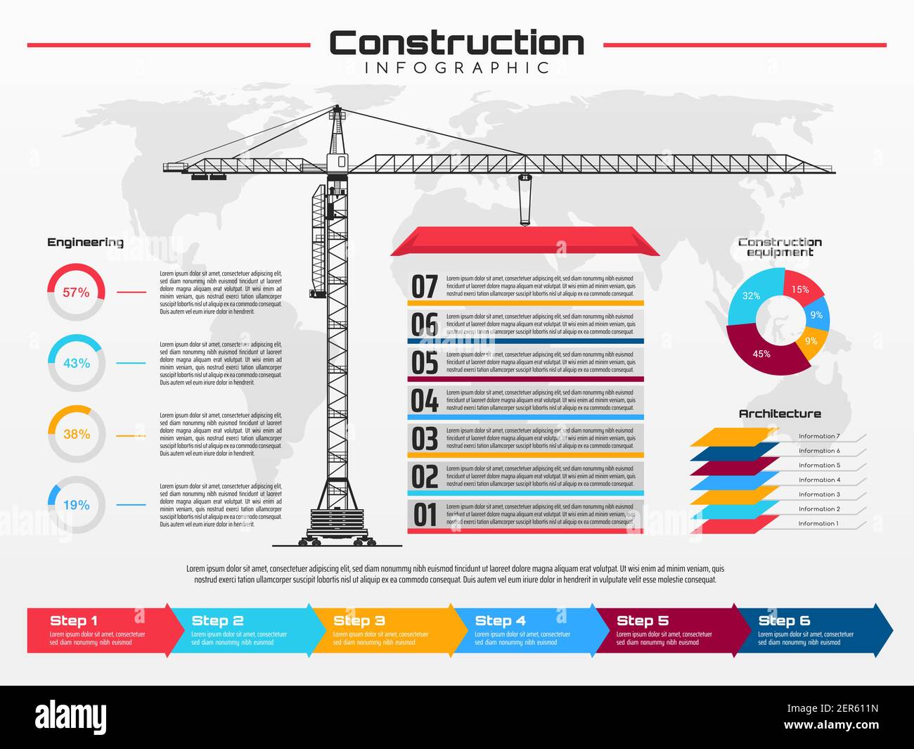 Infographics with construction crane working on building site. Vector ...