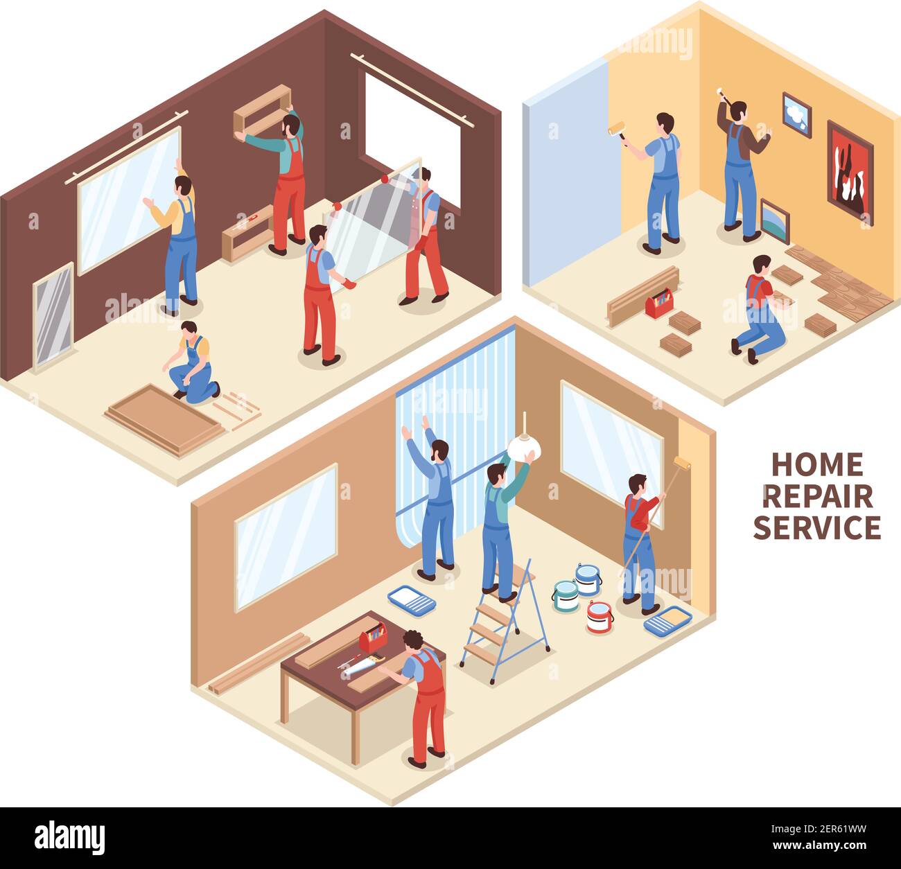 Home repair isometric compositions with painting of walls, parquet works, carpentry, windows ...