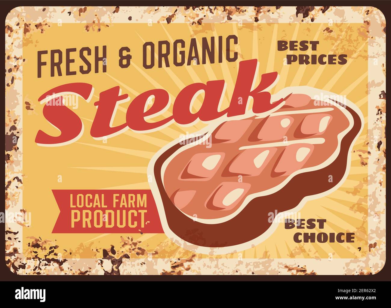 Steak rusty metal plate with vector beefsteak, fillet chop, vintage ...