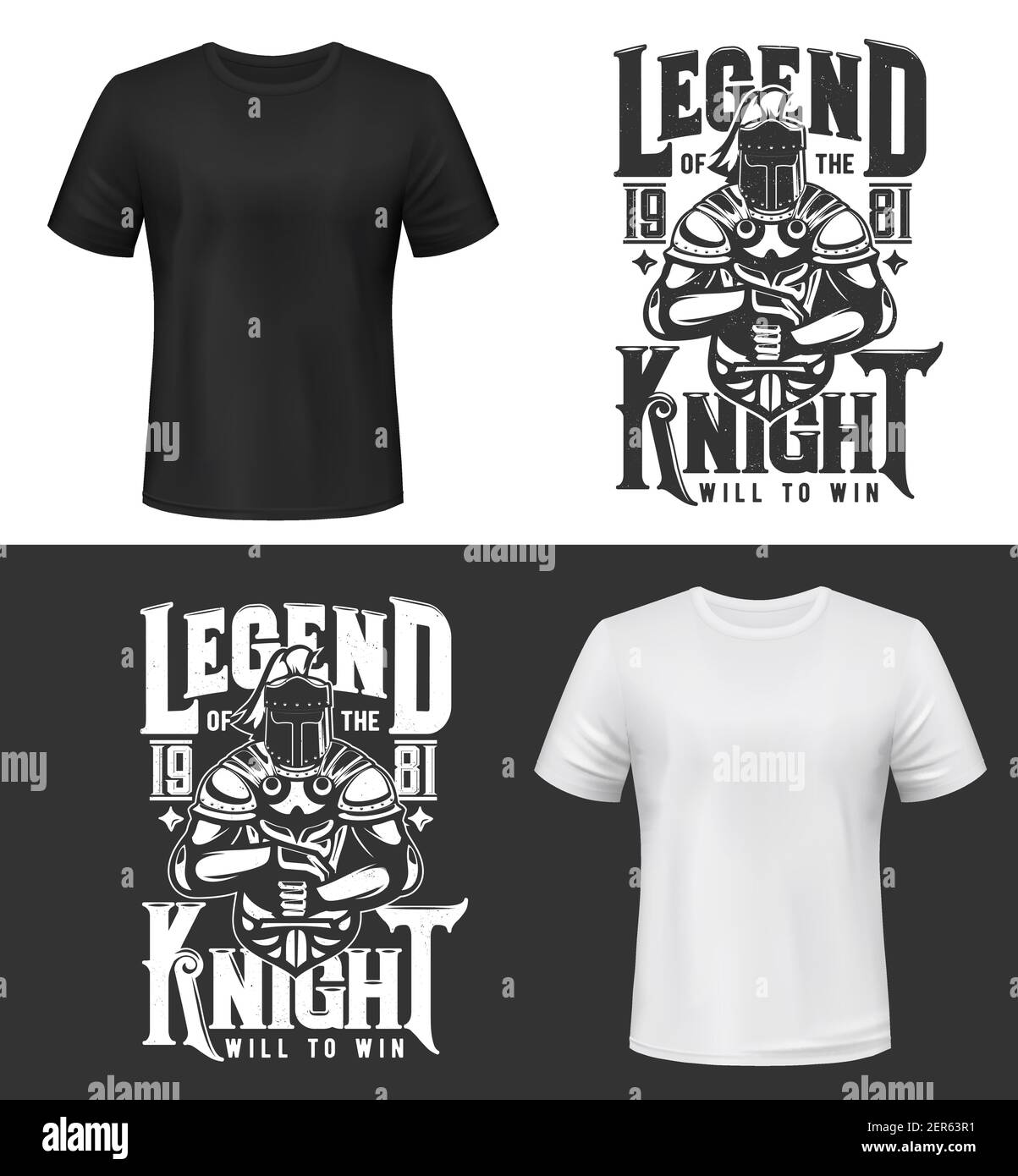 Tshirt print with knight and sword, vector mockup medieval warrior ...