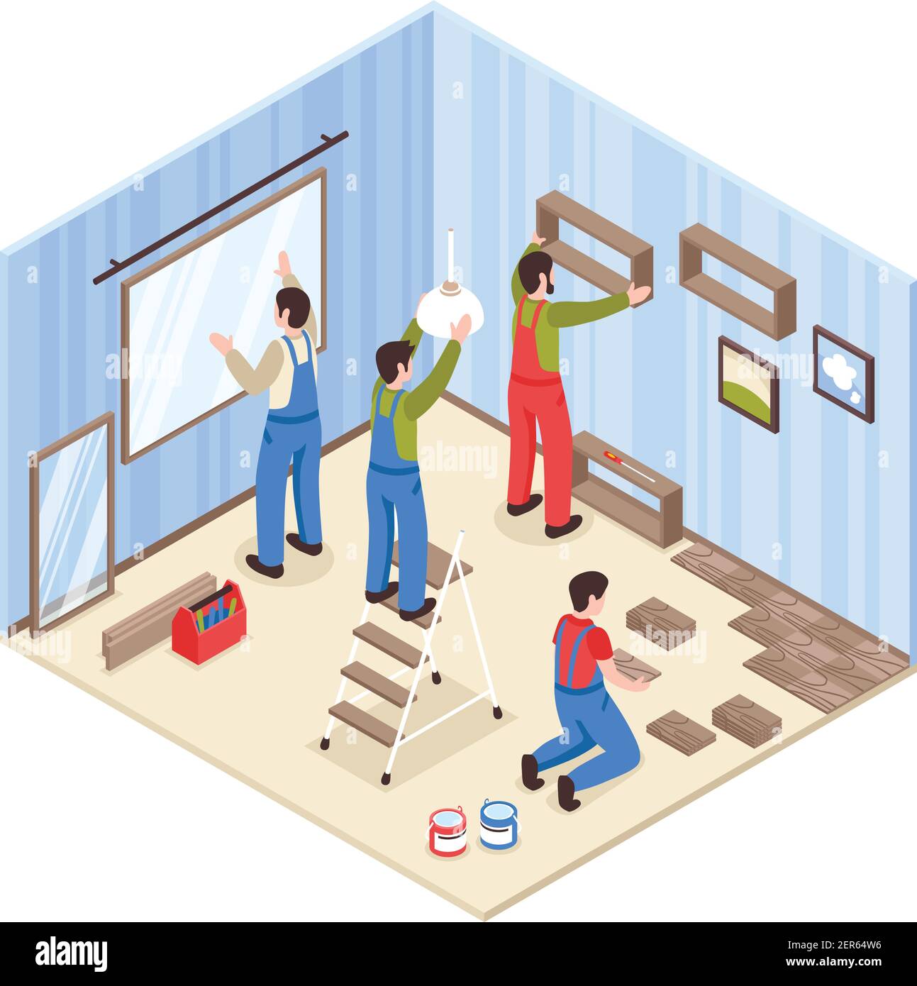 Room repair isometric composition with window installation, floor and electric works, carpentry ...