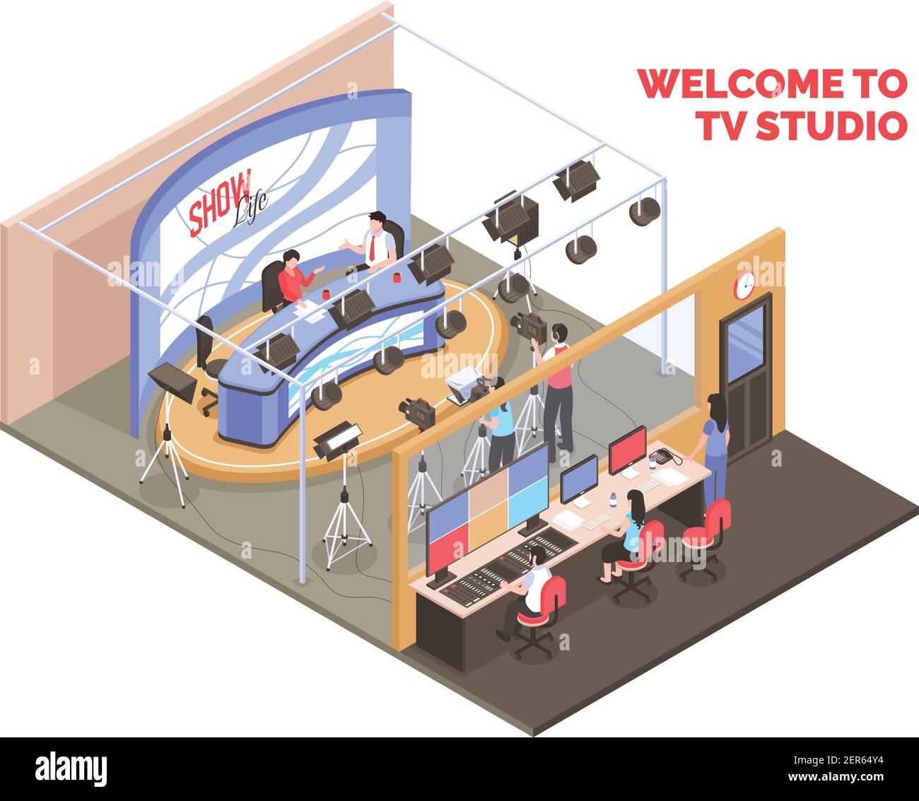 Live tv show with two anchormen broadcasting from studio isometric ...