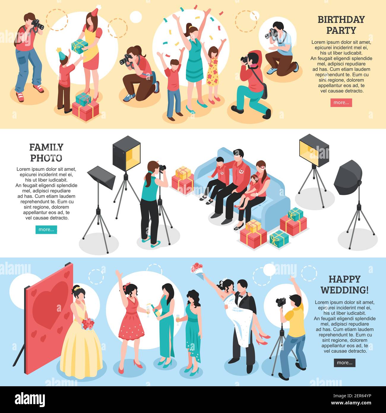 Professional photographer horizontal isometric banners with birthday ...