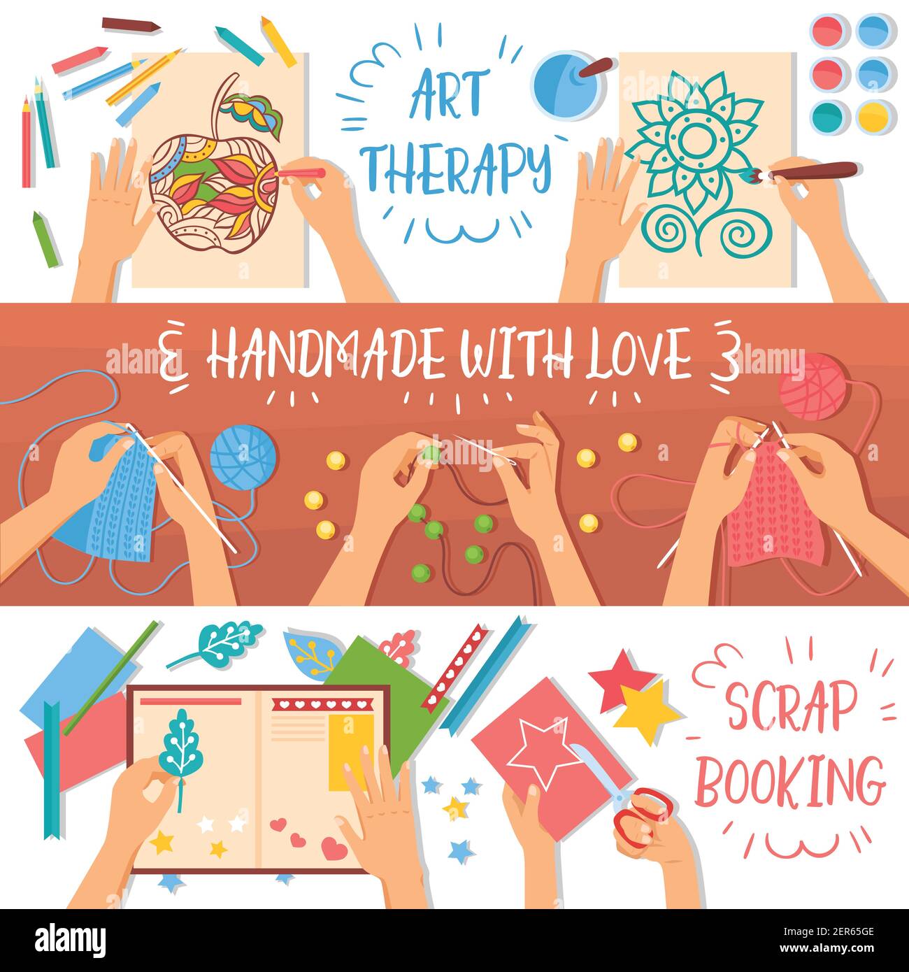 Colorful handmade banners set with creative hobbies for kids flat ...
