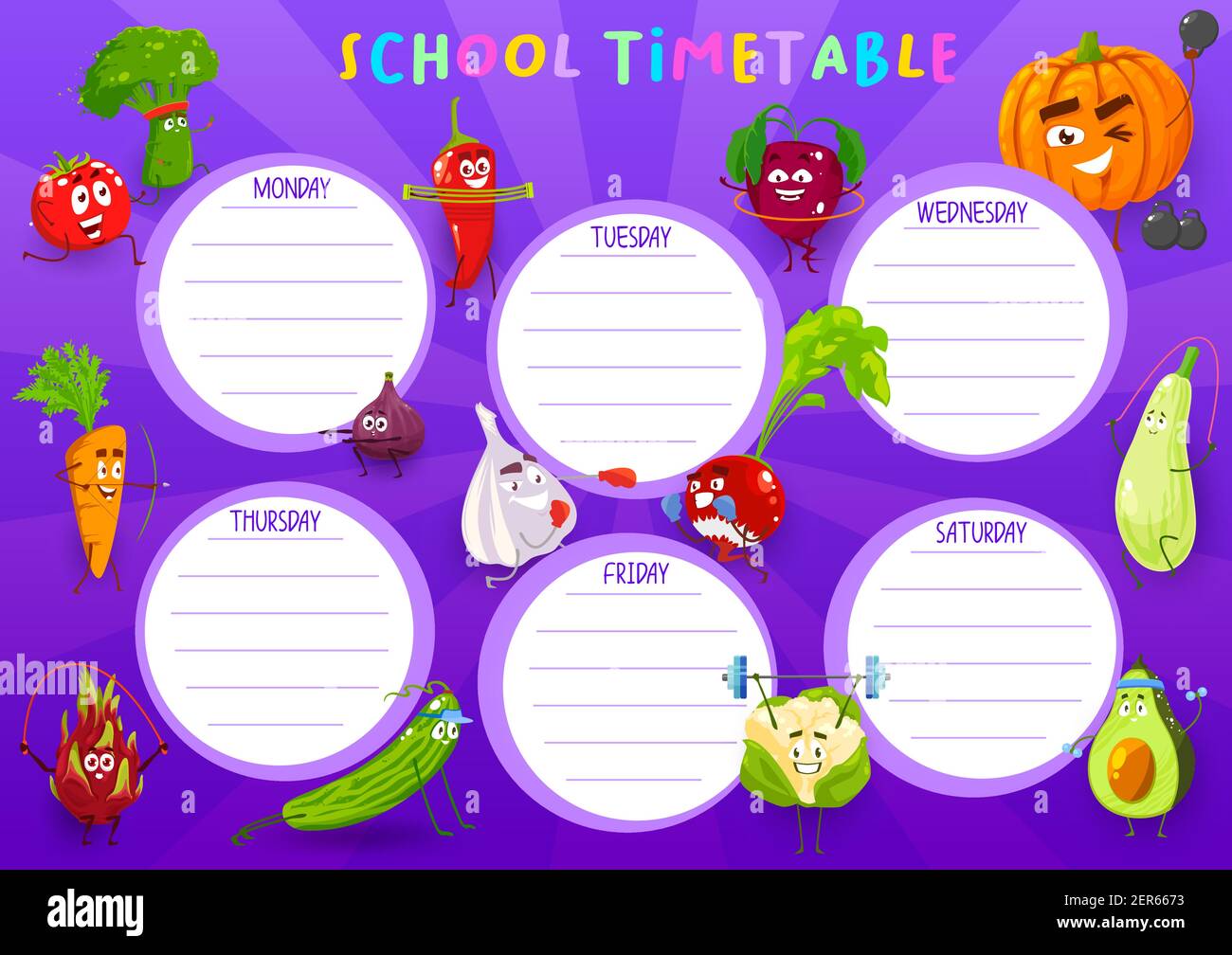 School timetable vector template with cartoon vegetables sportsmen ...