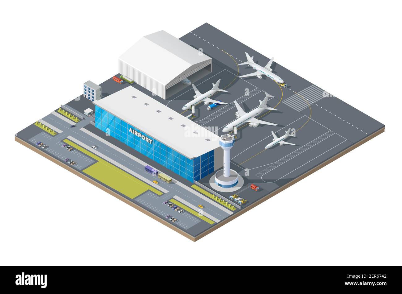 Isometric airport building with airplanes on runway and traffic control ...