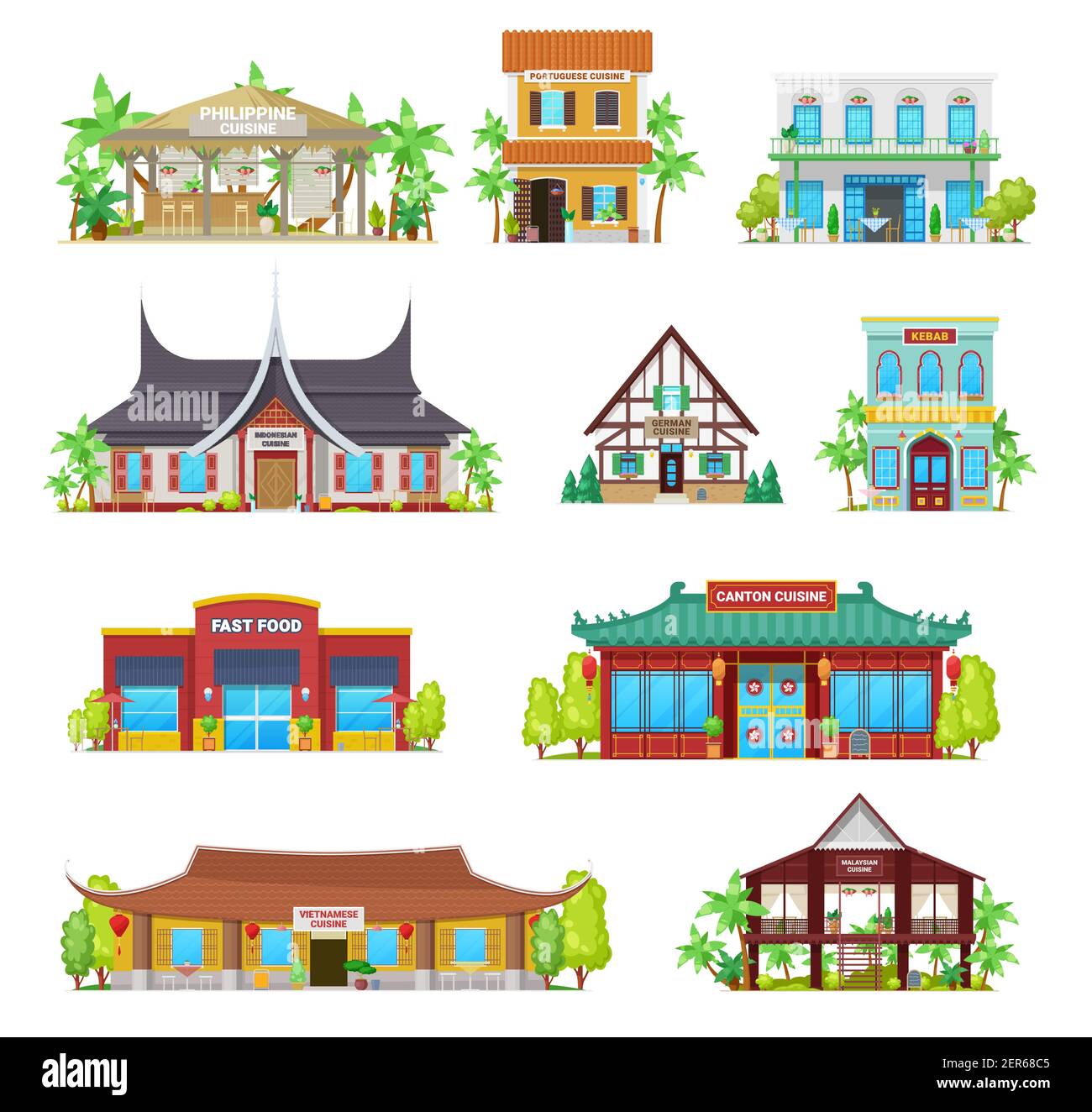 National cuisine restaurants vector buildings. Philippine, portuguese ...