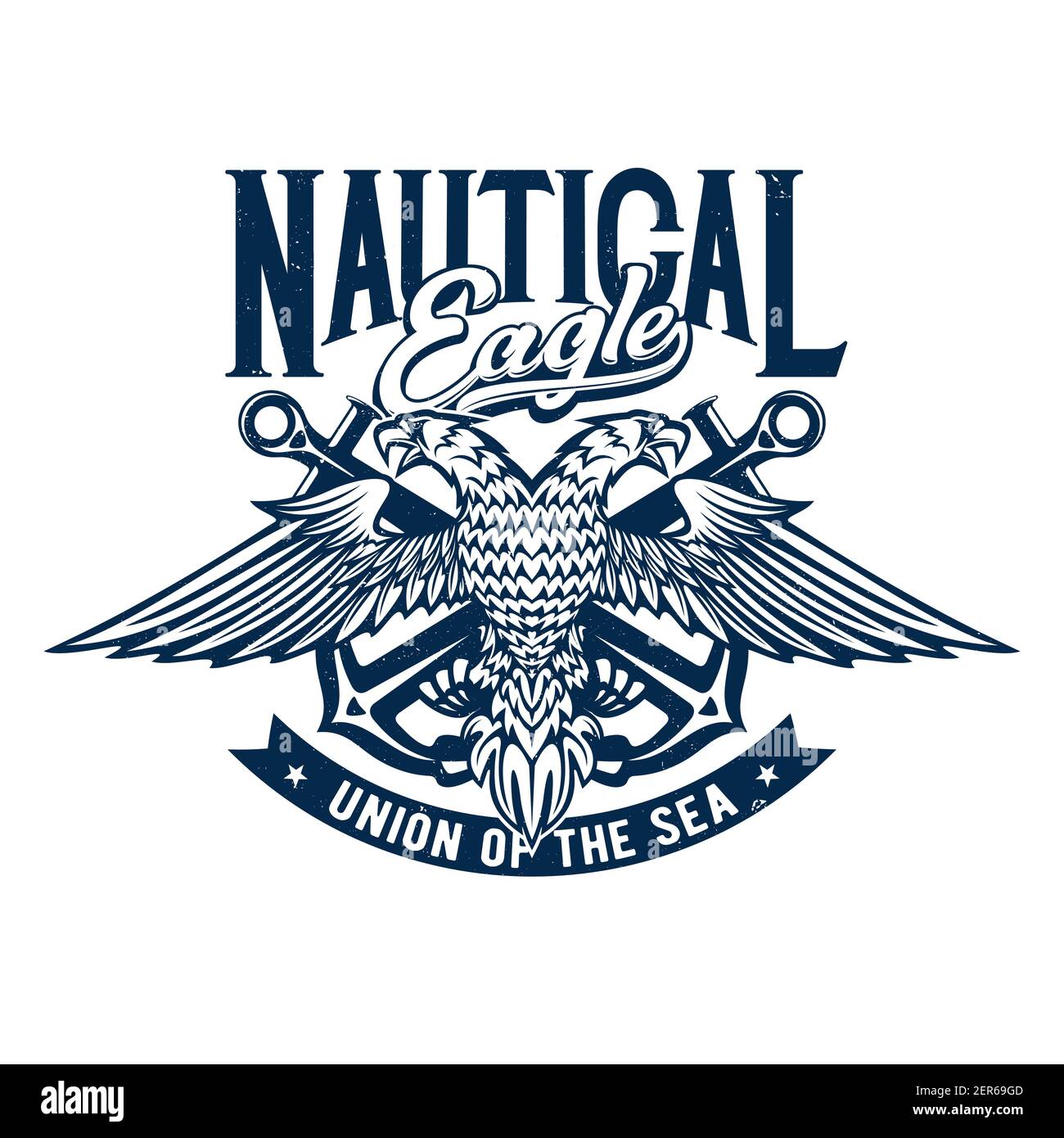 Tshirt print with two headed eagle and anchors, nautical vector mascot ...