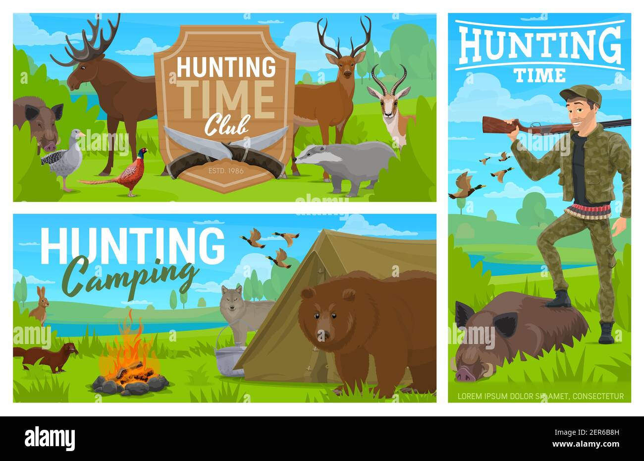 Hunting camping, club vector banners. Hunter with rifle and equipment ...