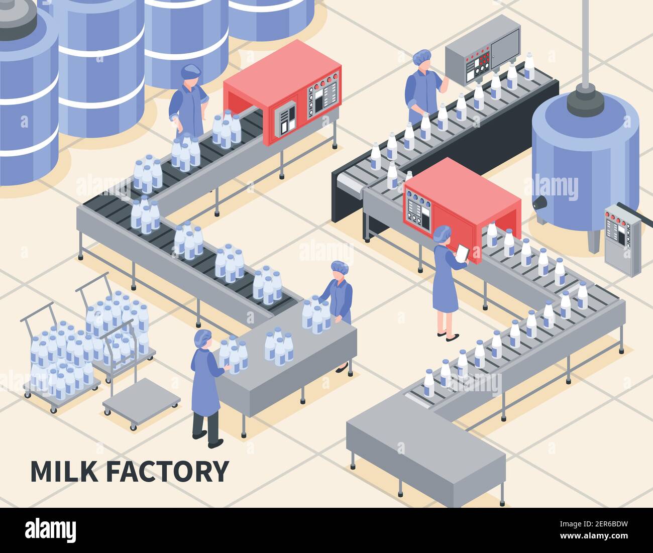 Process of milk packing on factory 3d isometric vector illustration ...