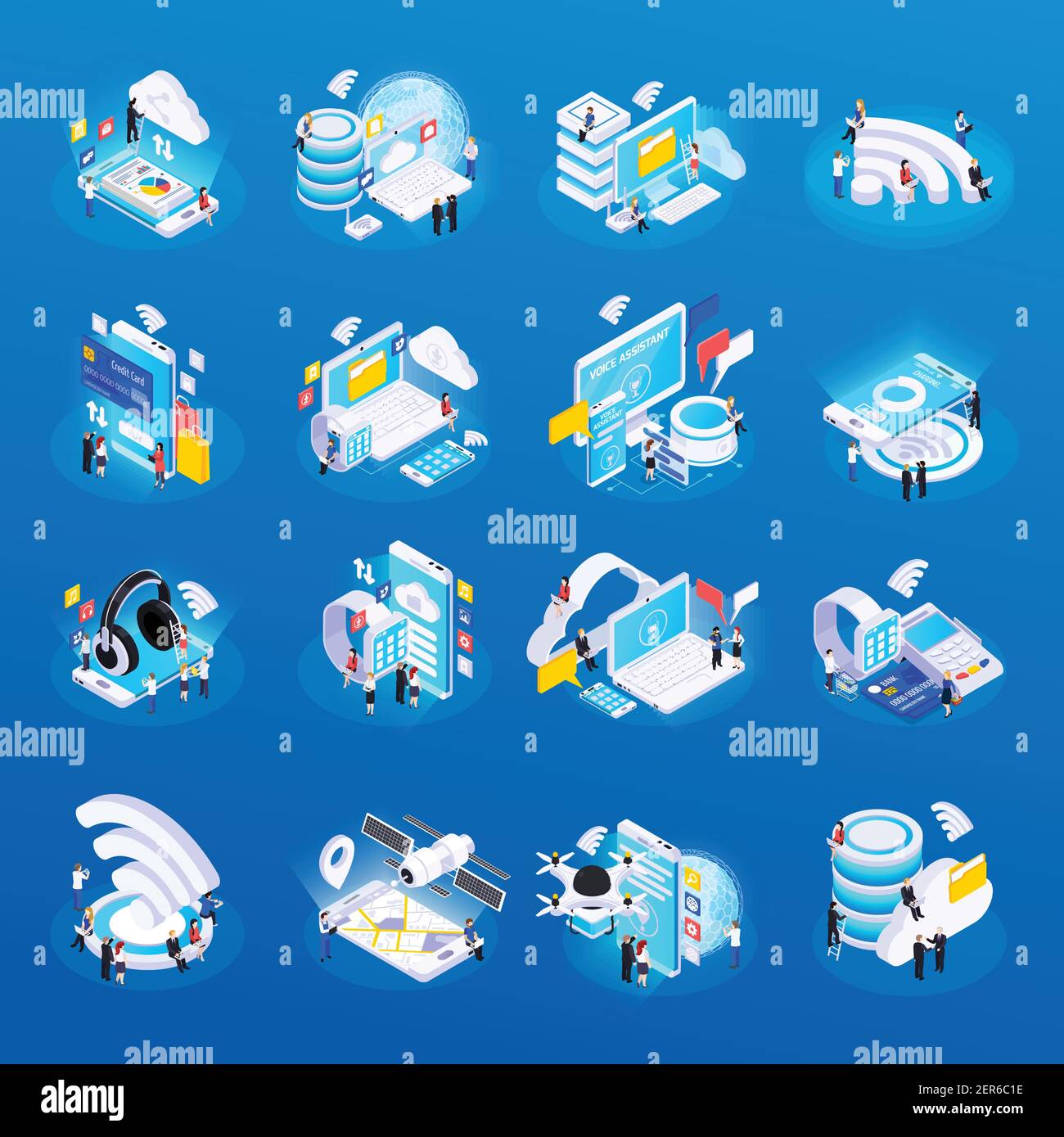 Wireless technology isometric glow icons set with cloud safe data ...
