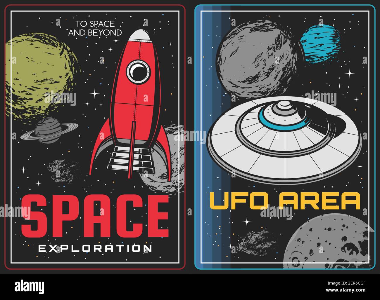 Space exploration and aliens discovery posters. Vintage rocket or ...