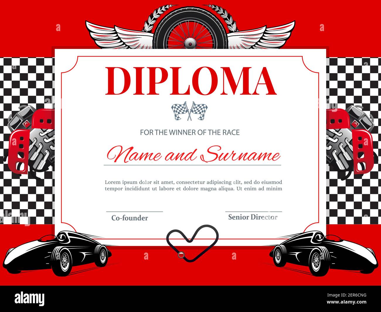 Certificate, car races and speed winner diploma, vector sport motocross ...