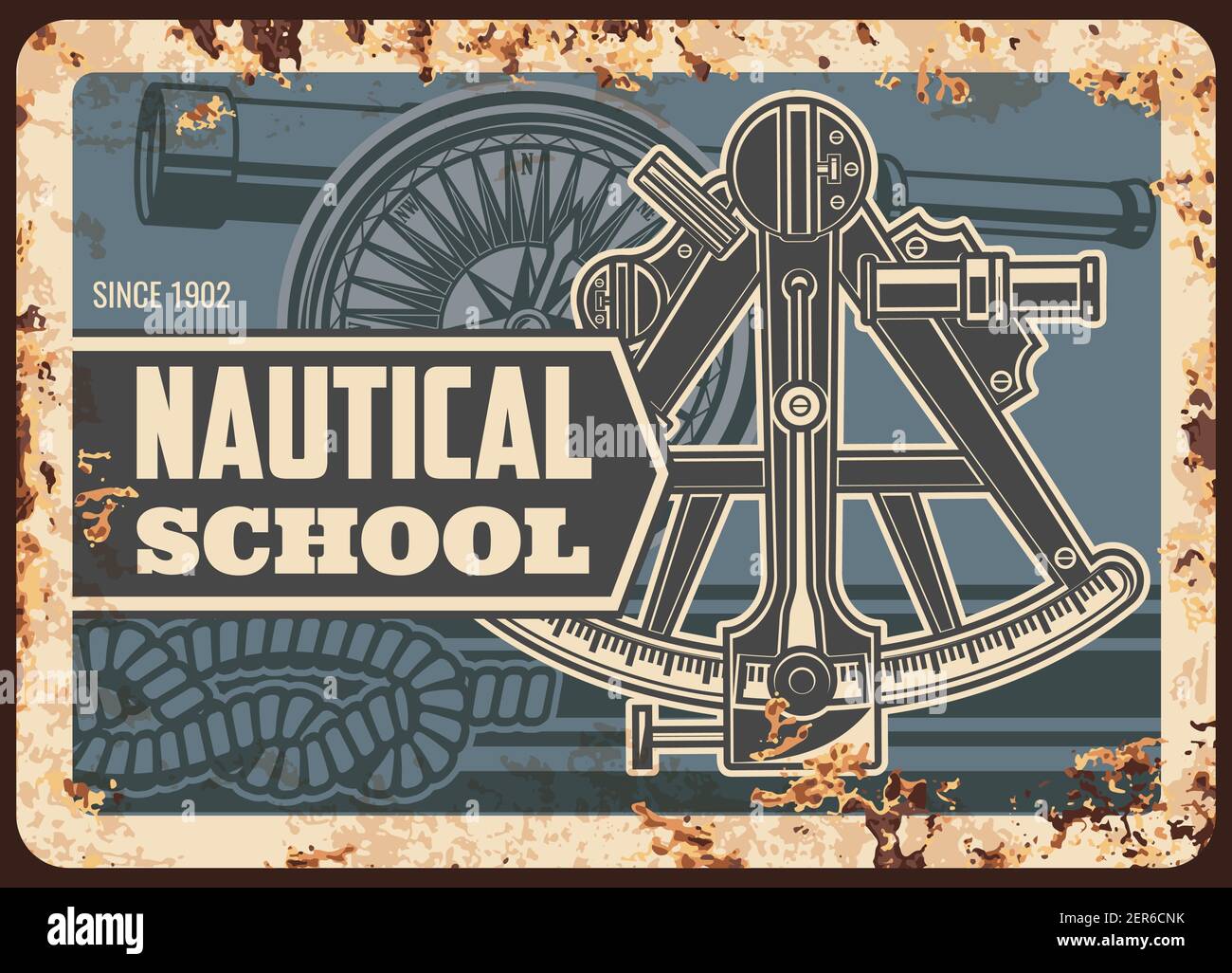 Nautical school metal plate rusty, marine seafaring and sailing, vector ...