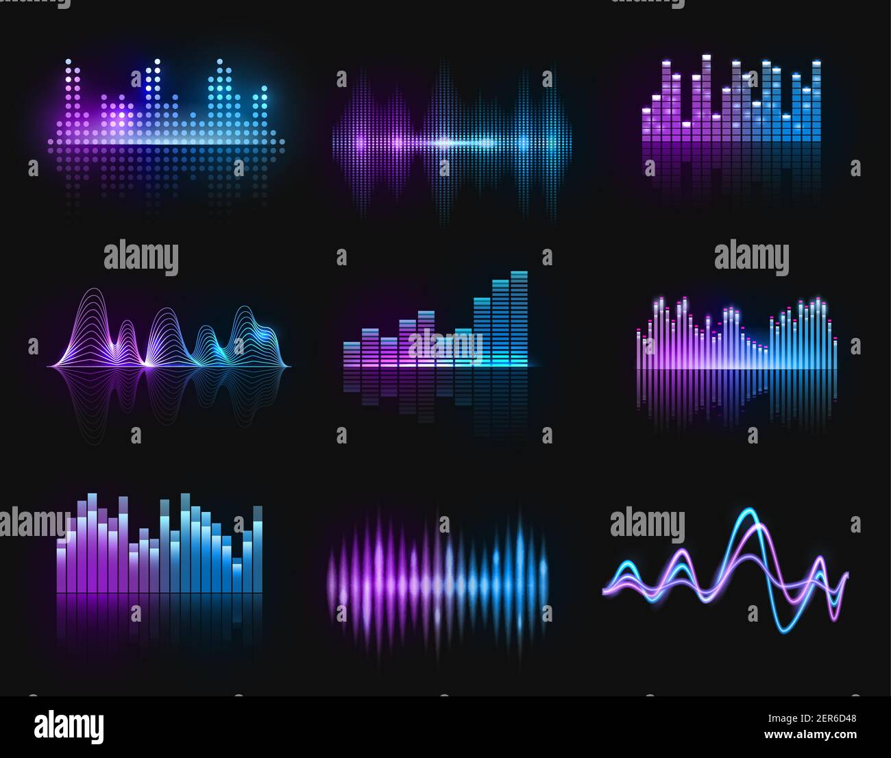 Music equalizers, vector audio or radio waves, sound frequency neon ...