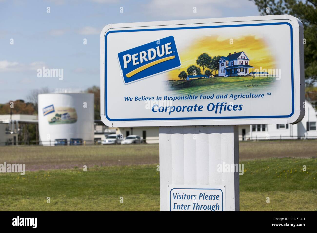 A logo sign outside of the headquarters of Perdue Farms in Salisbury ...