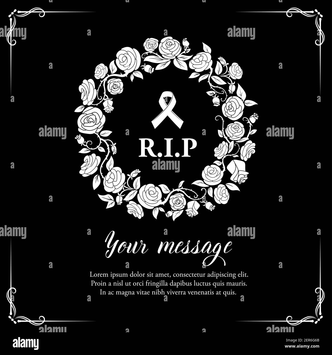 Funerary square frame with roses wreath and mourning ribbon. Funeral ...